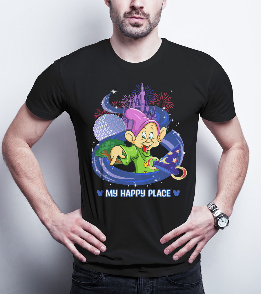 Dopey My Happy Place Epcot Castle Fireworks Sorcerer Hat T-Shirt