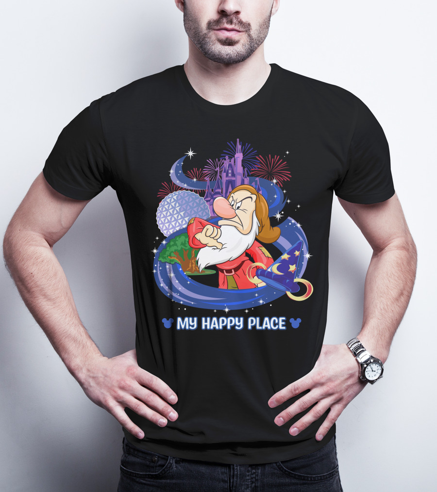 Grumpy My Happy Place Disney Castle Fireworks Epcot Sorcerer Hat T-Shirt