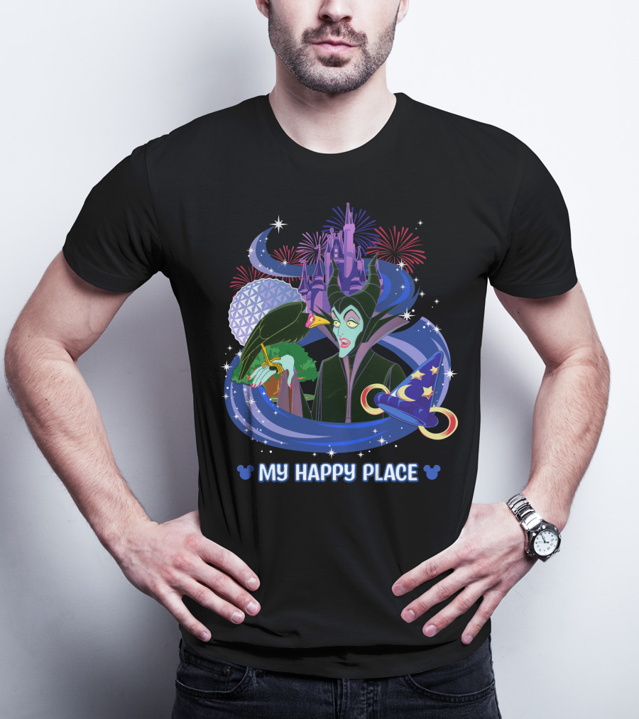 Maleficent My Happy Place Disney Castle Fireworks Mickey Sorcerer Hat T-Shirt