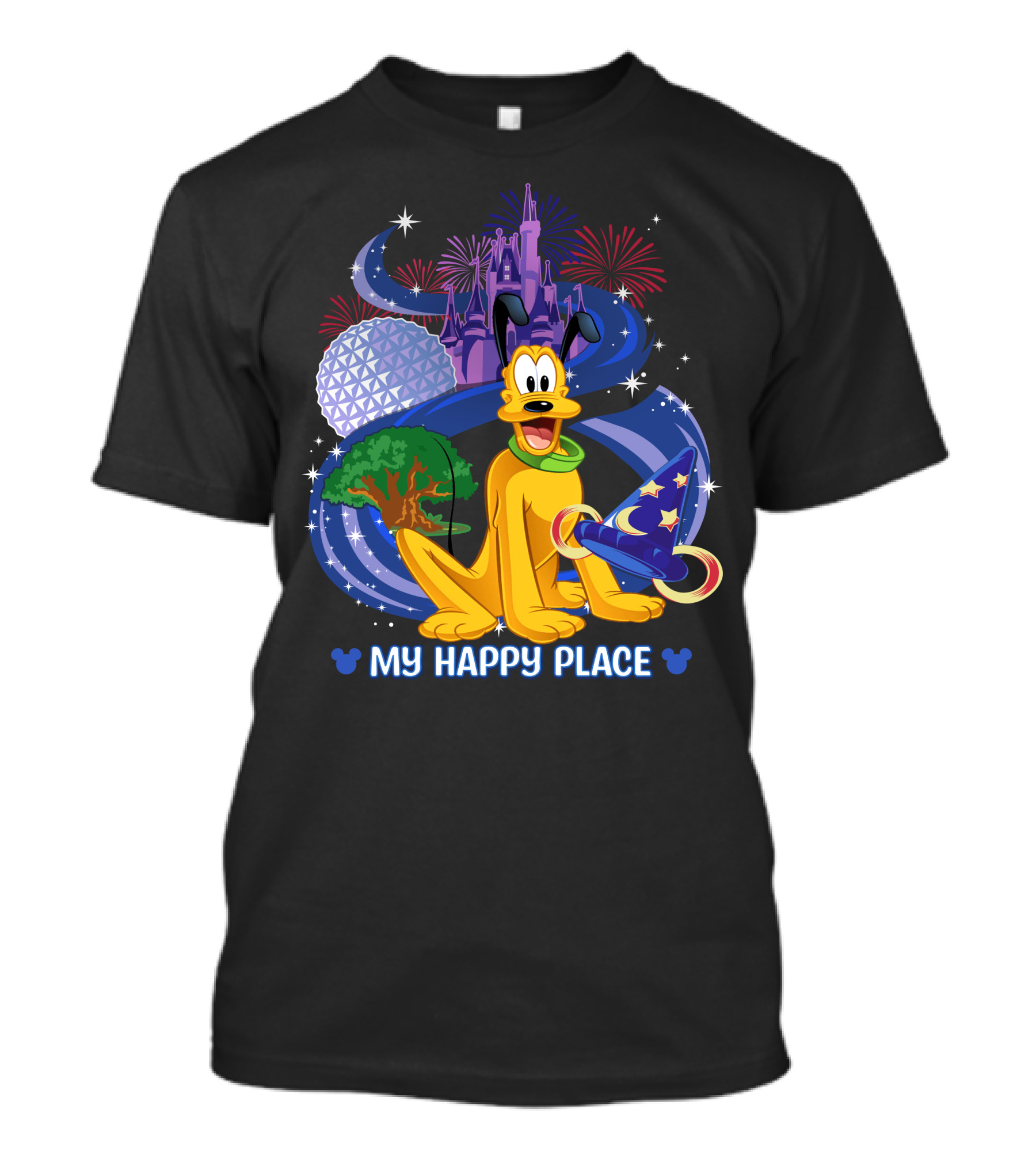 Disney Pluto My Happy Place Disney Castle Fireworks Epcot Disney Mickey Sorcerer Hat T-Shirt