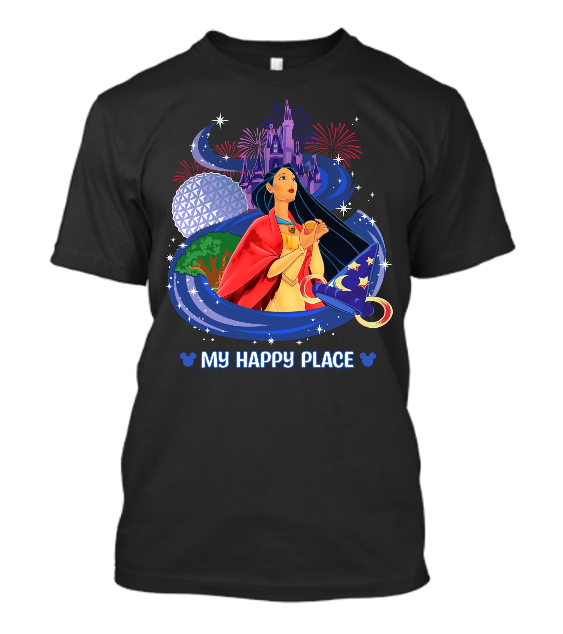 Pocahontas Disney My Happy Place Castle Fireworks Sorcerer Hat Epcot T-Shirt