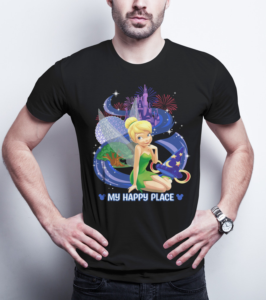 Tinker Bell My Happy Place Disney Castle Epcot Fireworks Wizard Hat T-Shirt
