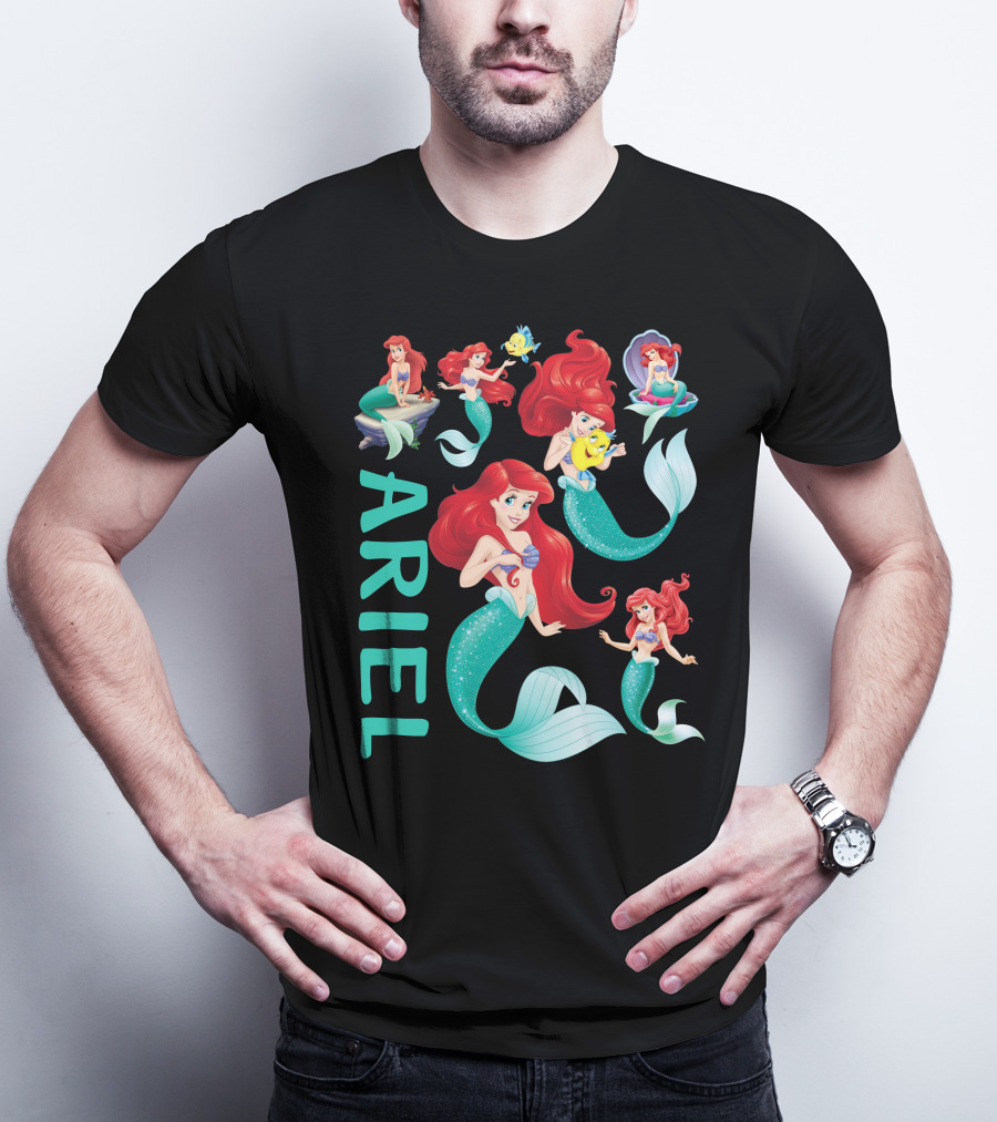 Ariel Mermaid Adventures With Flounder And Shell In Blue Teal Letters T-Shirt