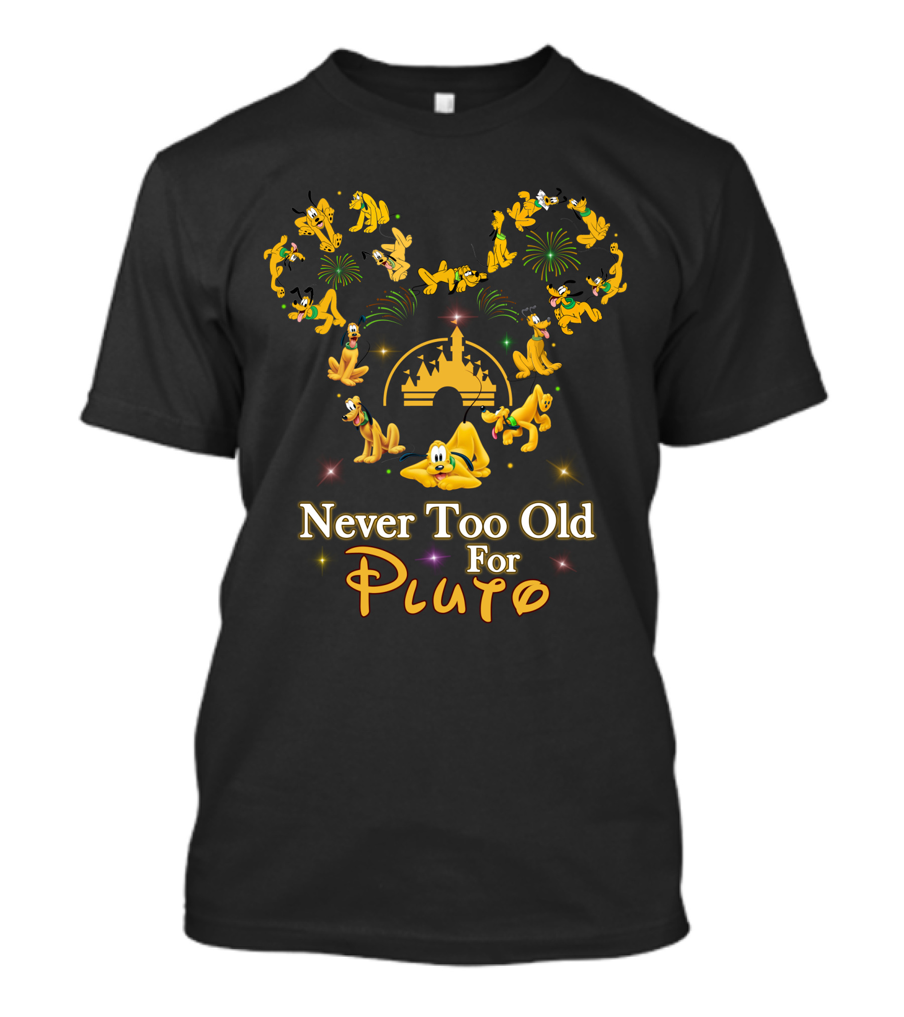 Never Too Old For Pluto Disney Castle Fireworks Mickey Ears T-Shirt
