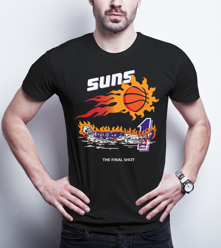 Suns The Final Shot Flaming Basketball Skeleton T-Shirt