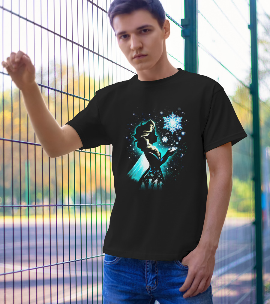 Elsa Silhouette With Snowflakes And Winter Scene T-Shirt