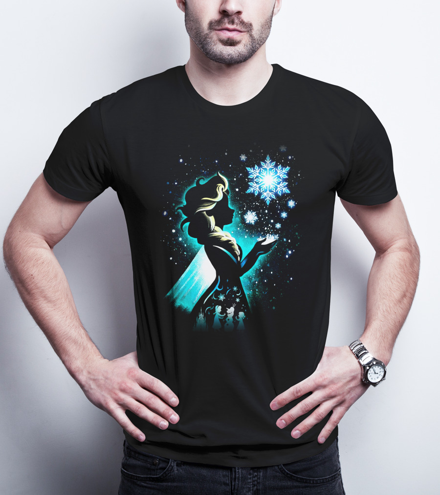 Elsa Silhouette With Snowflakes And Winter Scene T-Shirt