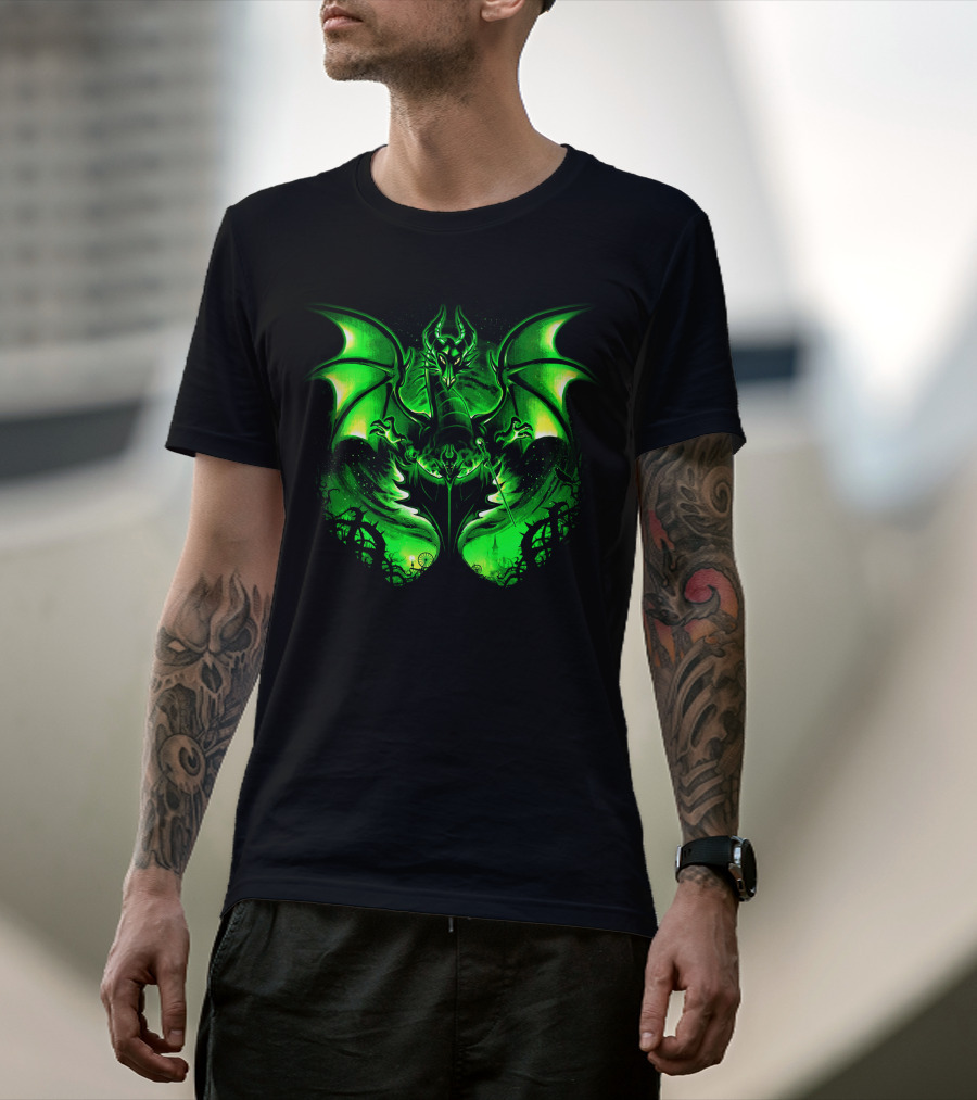 Maleficent 2 Dark Green Dragon Art Fantastical Scene Ravens Winding Thorns T-Shirt