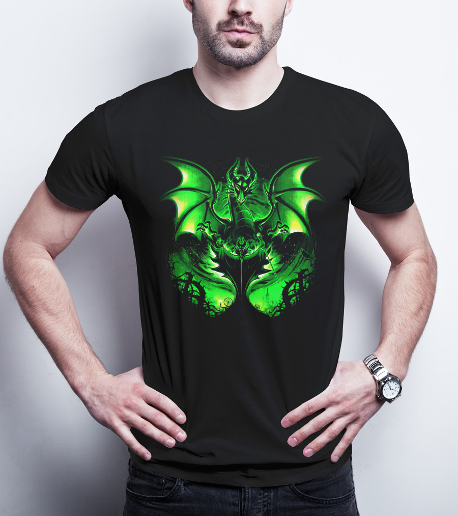 Maleficent 2 Dark Green Dragon Art Fantastical Scene Ravens Winding Thorns T-Shirt