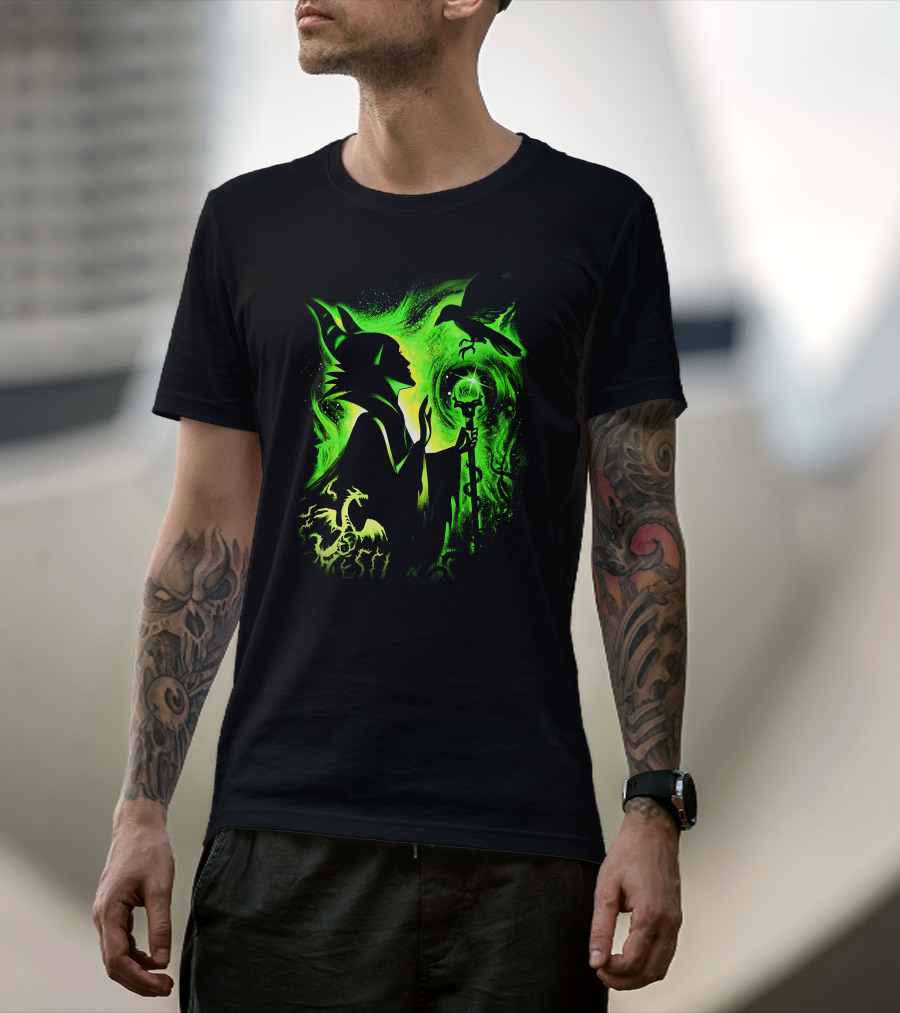 Maleficent 3 Dragon Silhouette And Green Magic Staff Scene T-Shirt