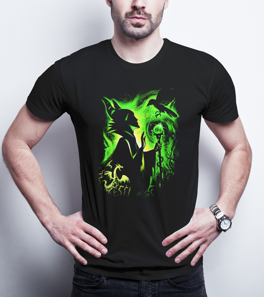 Maleficent 3 Dragon Silhouette And Green Magic Staff Scene T-Shirt