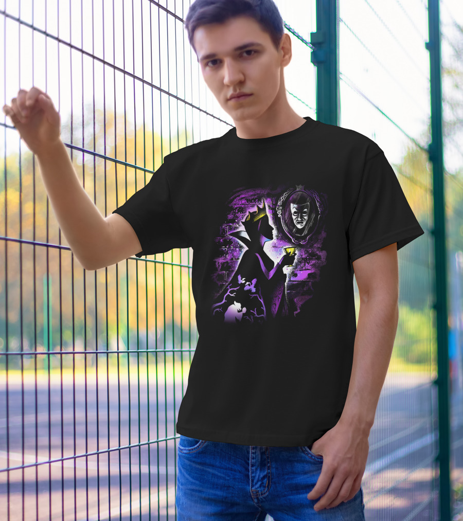 Maleficent Dark Queen Mirror Reflection With Crown And Goblet In Purple Shadows T-Shirt