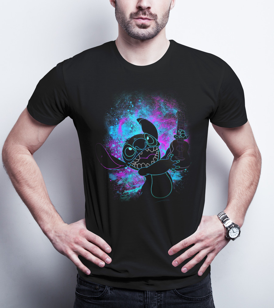 Stitch Neon Glow Playing Guitar Art T-Shirt
