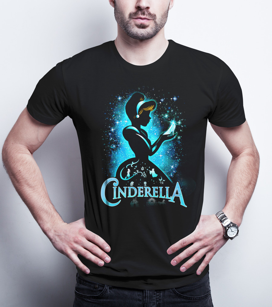 Cinderella Silhouette Holding Glass Slipper With Enchanted Blue Starry T-Shirt