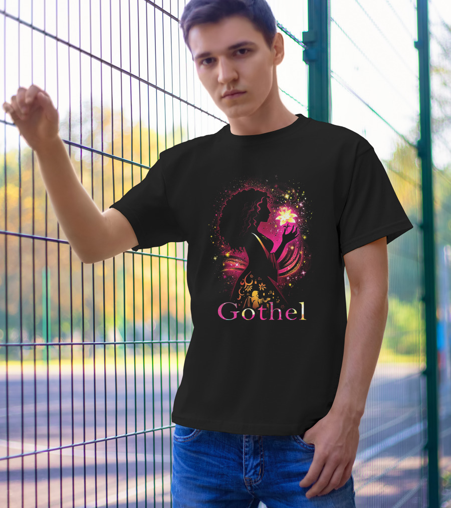 Gothel Silhouette With Glowing Flower And Cosmic Background T-Shirt