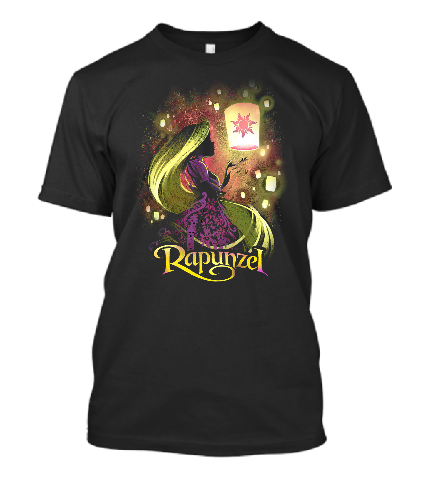 Rapunzel Lantern Silhouette With Glowing Hair And Floating Lights T-Shirt