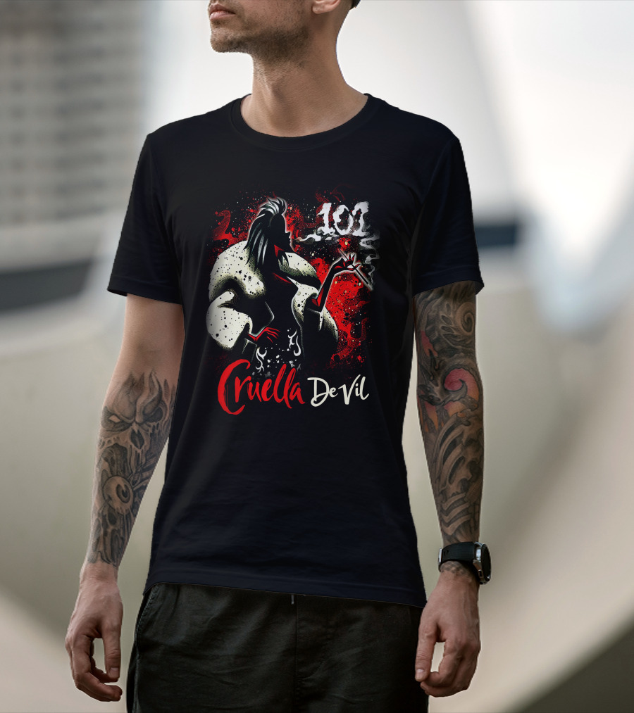 Cruella De Vil 101 Smoky Silhouette With White Fur And Red Highlights T-Shirt
