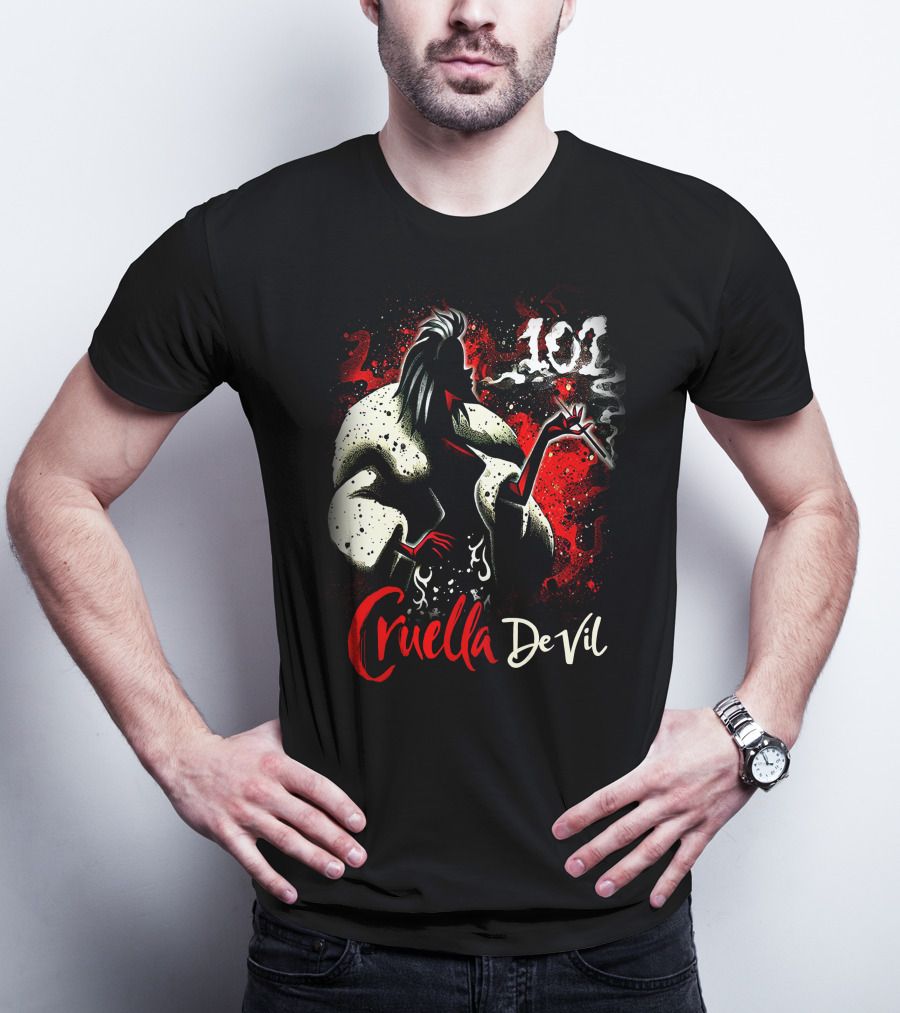 Cruella De Vil 101 Smoky Silhouette With White Fur And Red Highlights T-Shirt