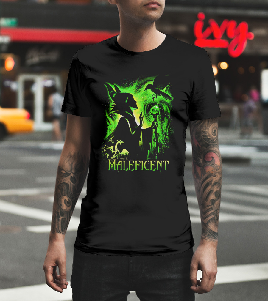 Maleficent Green Silhouette With Dragon Raven And Staff T-Shirt