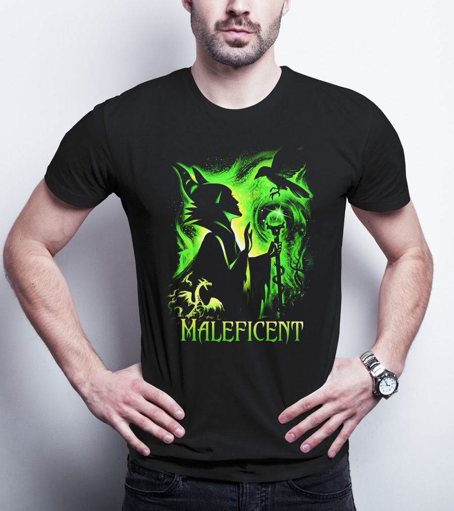 Maleficent Green Silhouette With Dragon Raven And Staff T-Shirt
