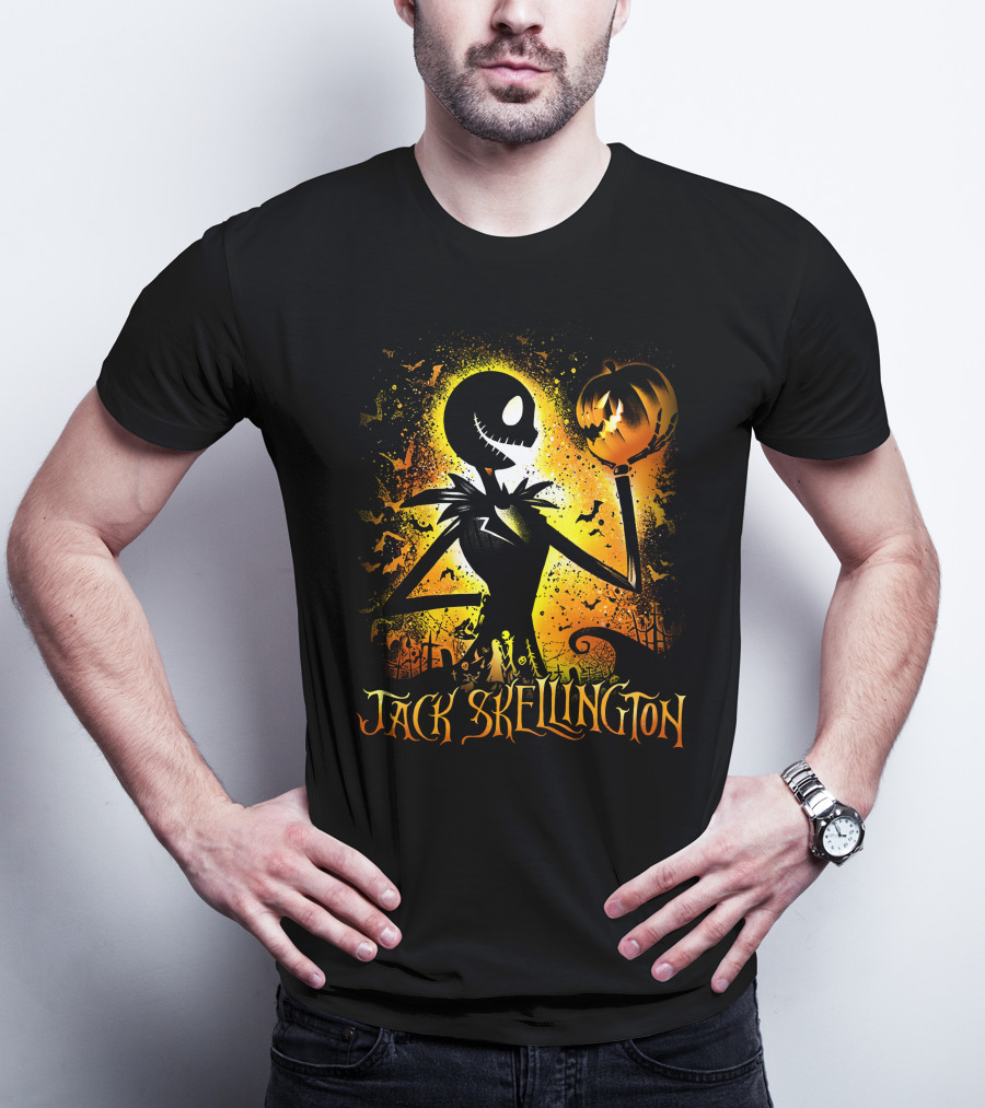 Jack Skellington Holding Pumpkin In Halloween Scene With Bats And Graveyard T-Shirt