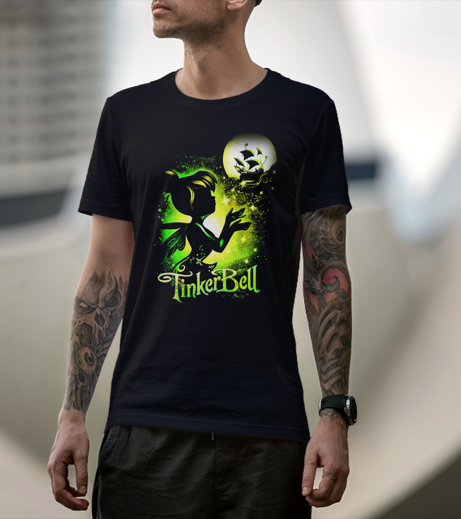 Tinker Bell Silhouette With Ship And Crescent Moon Magic Glow T-Shirt