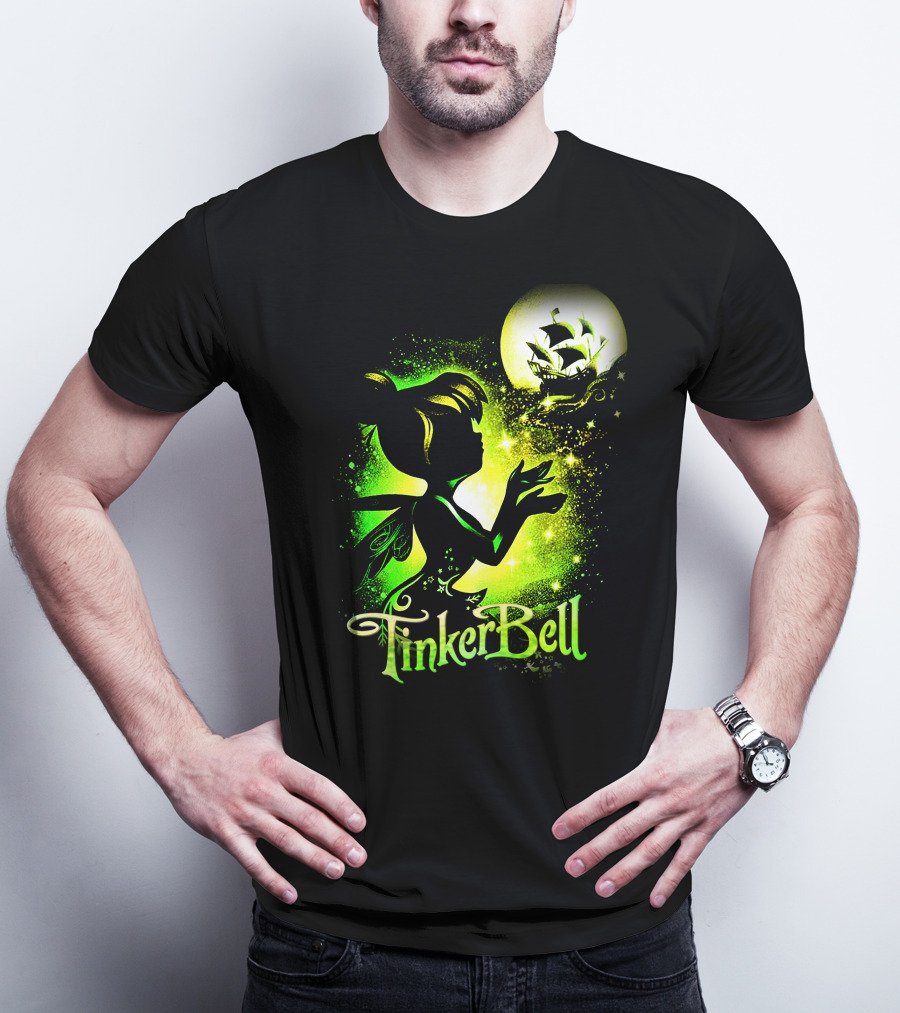 Tinker Bell Silhouette With Ship And Crescent Moon Magic Glow T-Shirt