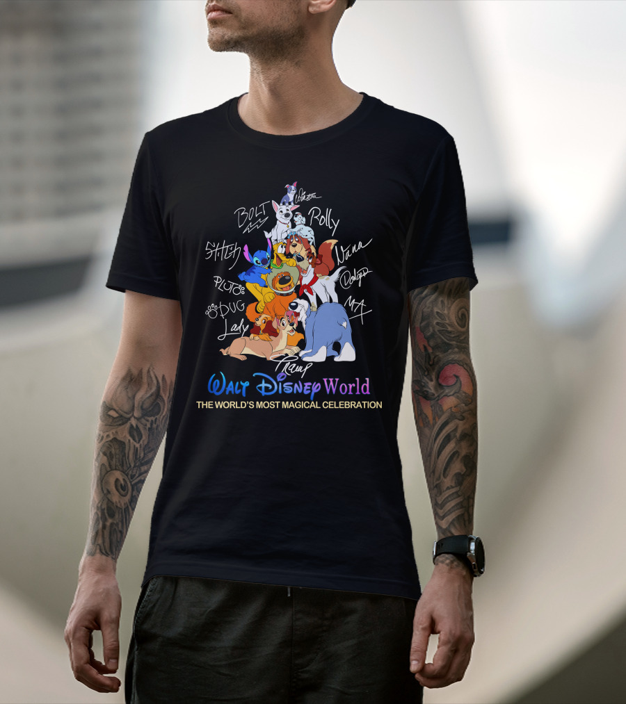 Walt Disney World Dogs Celebration Stitch Pluto Bolt Lady Tramp Nana Dodger Max Pongo Rolly T-Shirt