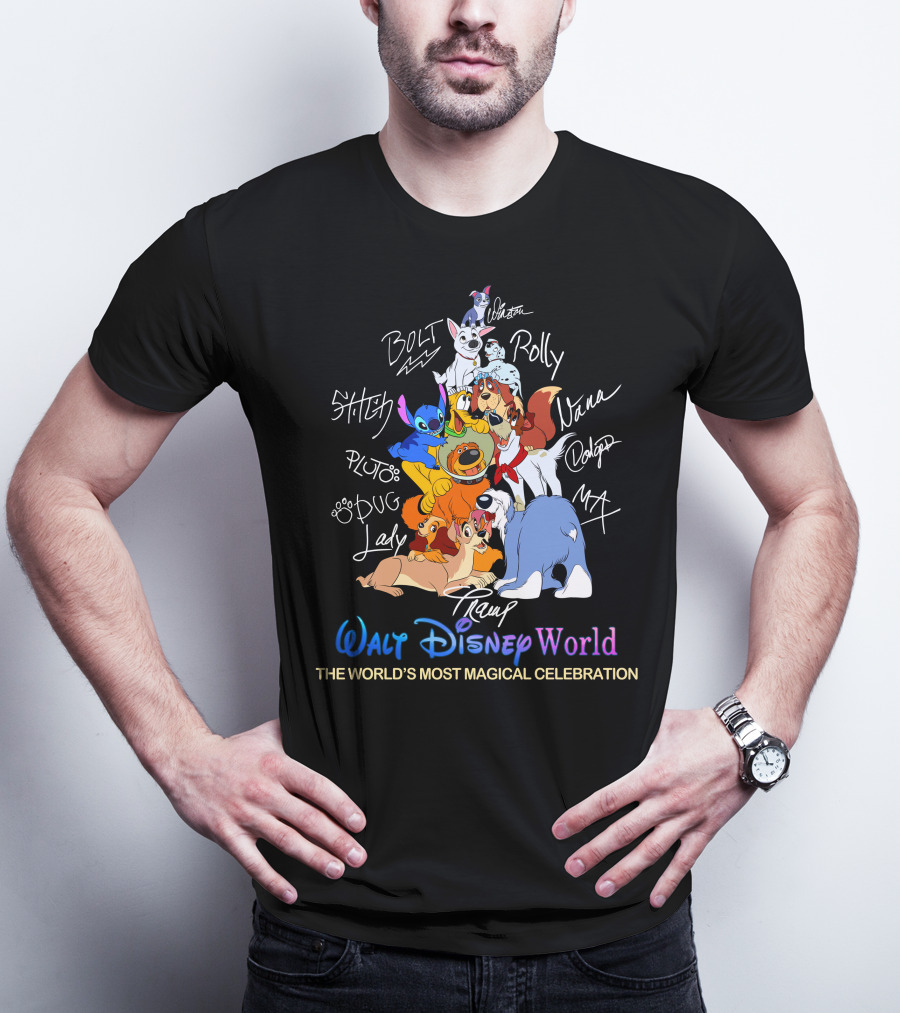 Walt Disney World Dogs Celebration Stitch Pluto Bolt Lady Tramp Nana Dodger Max Pongo Rolly T-Shirt