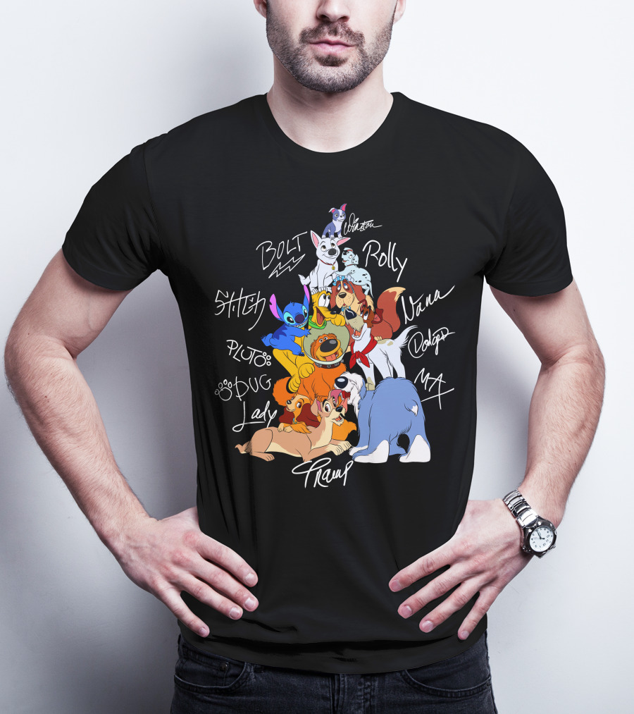 Disney Dogs Bolt Stitch Pluto Dug Lady Tramp Max Nana Dodger Rolly T-Shirt
