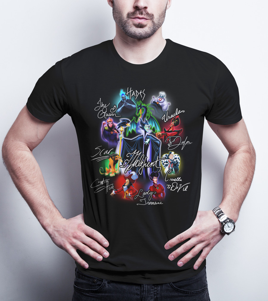 Disney Villains Maleficent Hades Ursula Cruella De Vil Scar Captain Hook Queen Jafar Lady Tremaine T-Shirt