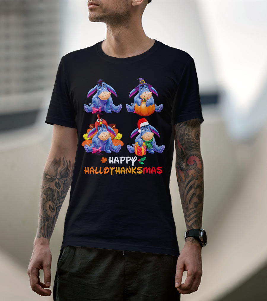 Ee Happy Hallothanksmas Eeyore With Pumpkin Turkey Hat Santa Hat T-Shirt