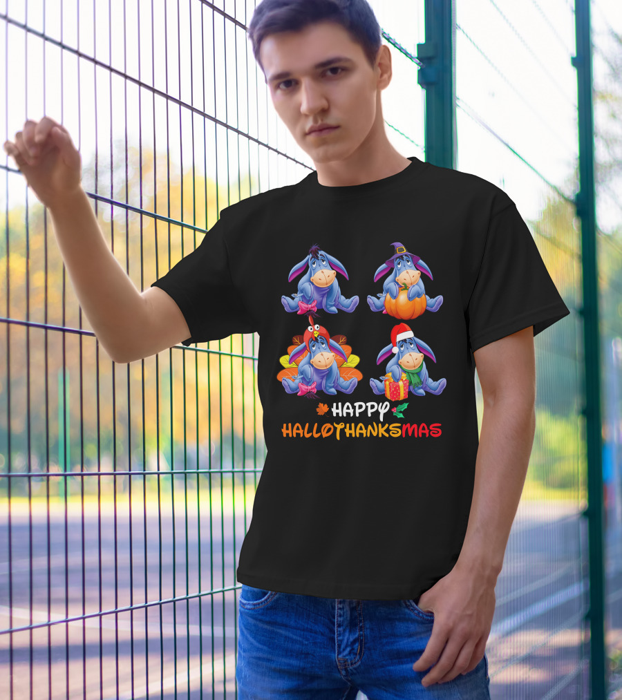Ee Happy Hallothanksmas Eeyore With Pumpkin Turkey Hat Santa Hat T-Shirt