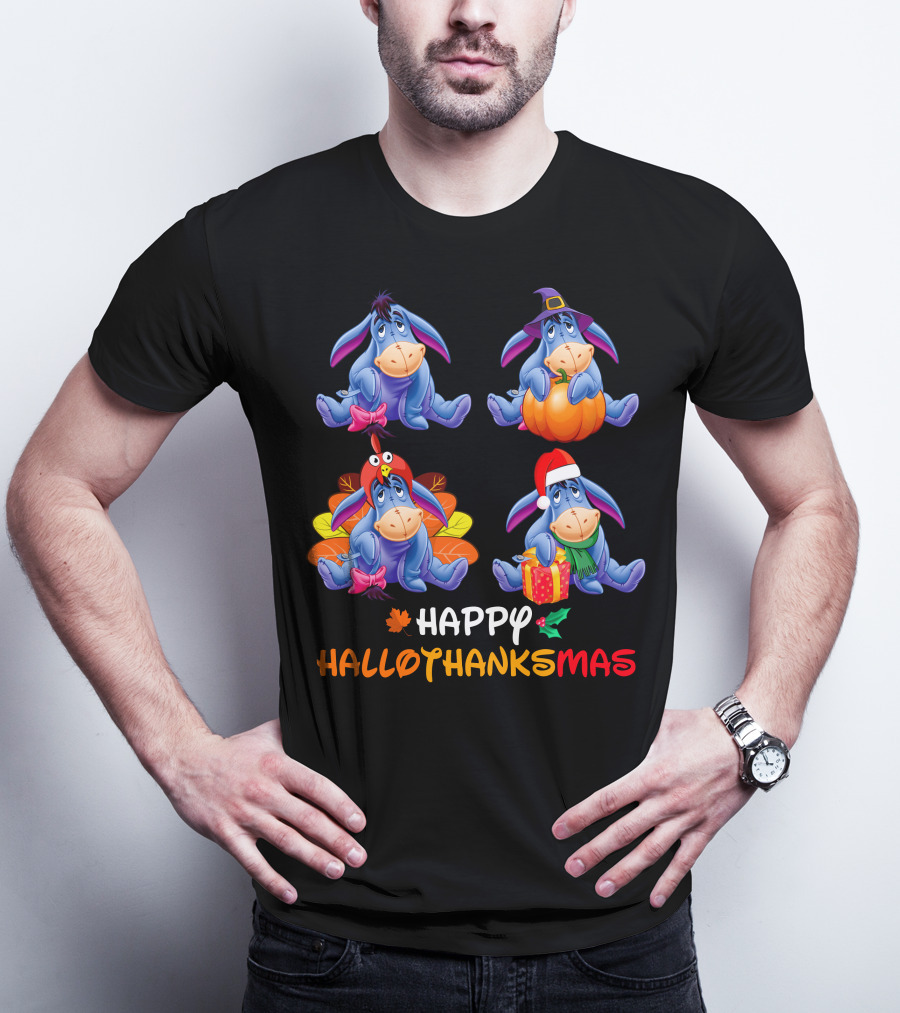 Ee Happy Hallothanksmas Eeyore With Pumpkin Turkey Hat Santa Hat T-Shirt