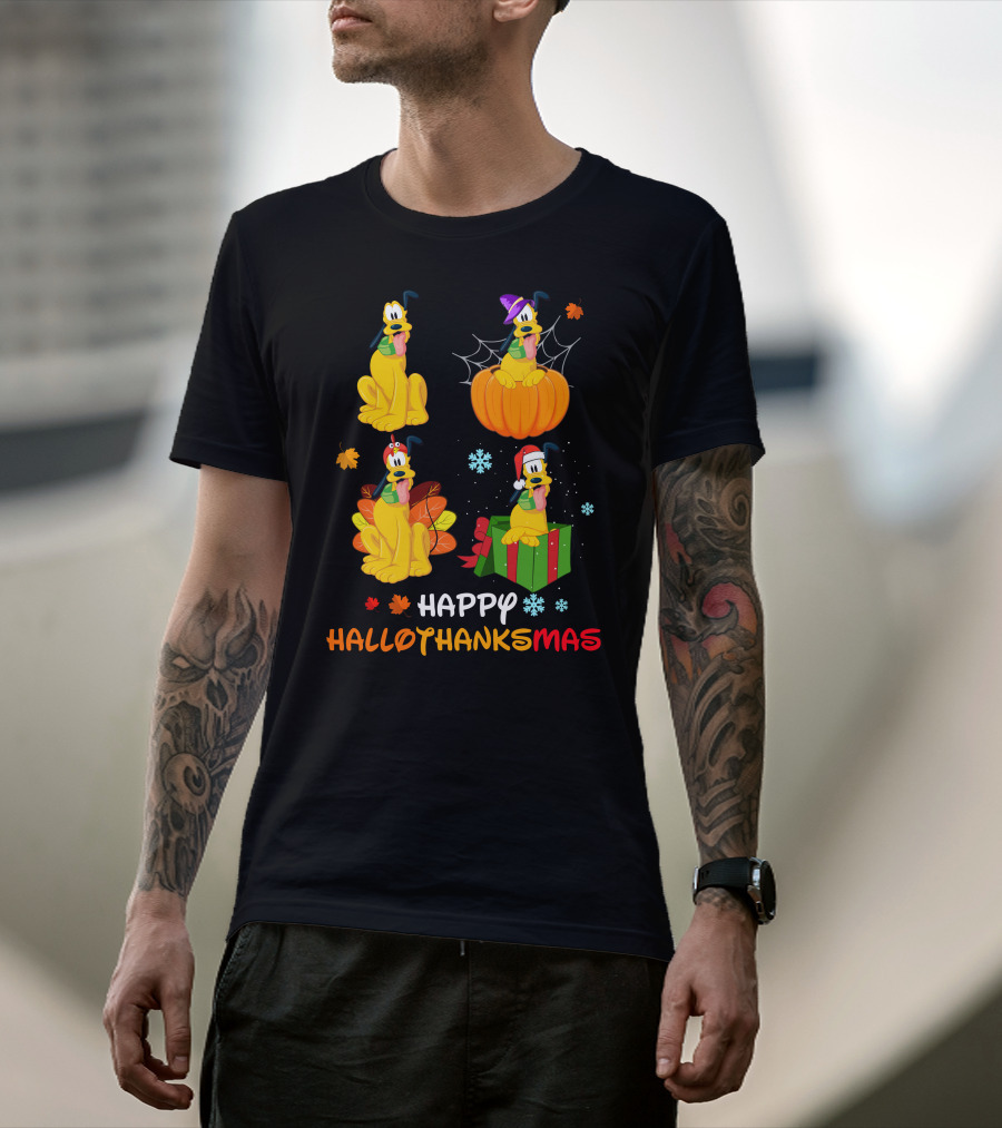 Happy Hallowthanksmas Pluto Pumpkin Leaves Present Snowflakes T-Shirt