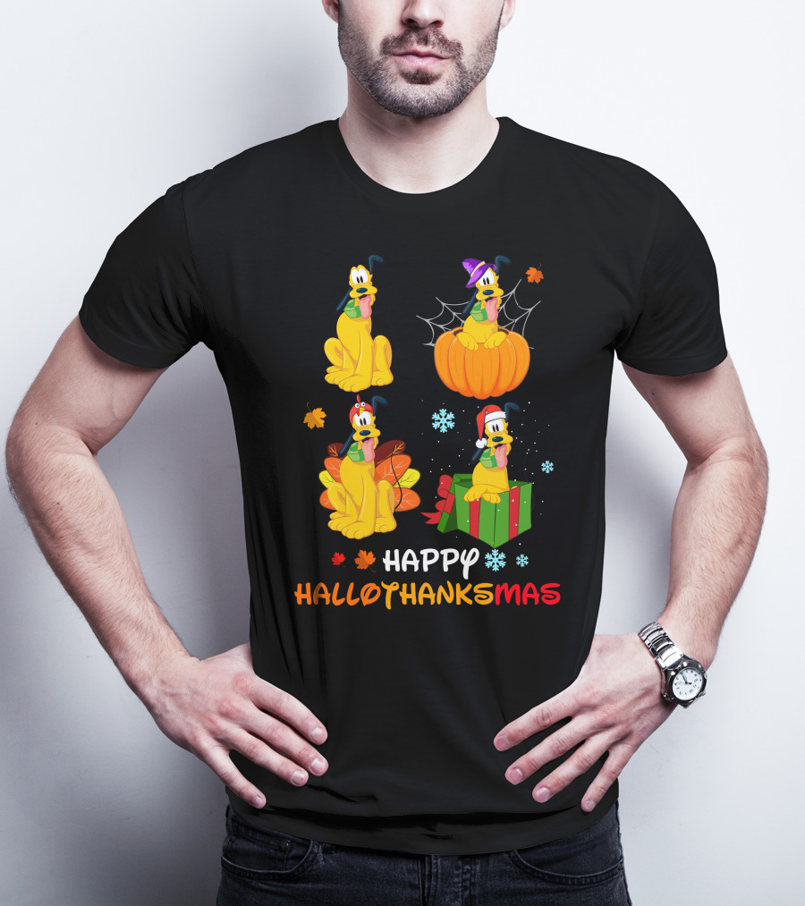 Happy Hallowthanksmas Pluto Pumpkin Leaves Present Snowflakes T-Shirt