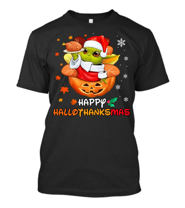 Happy Hallothanksmas Yd Santa Hat Pumpkin Turkey Snowflakes Leaves T-Shirt