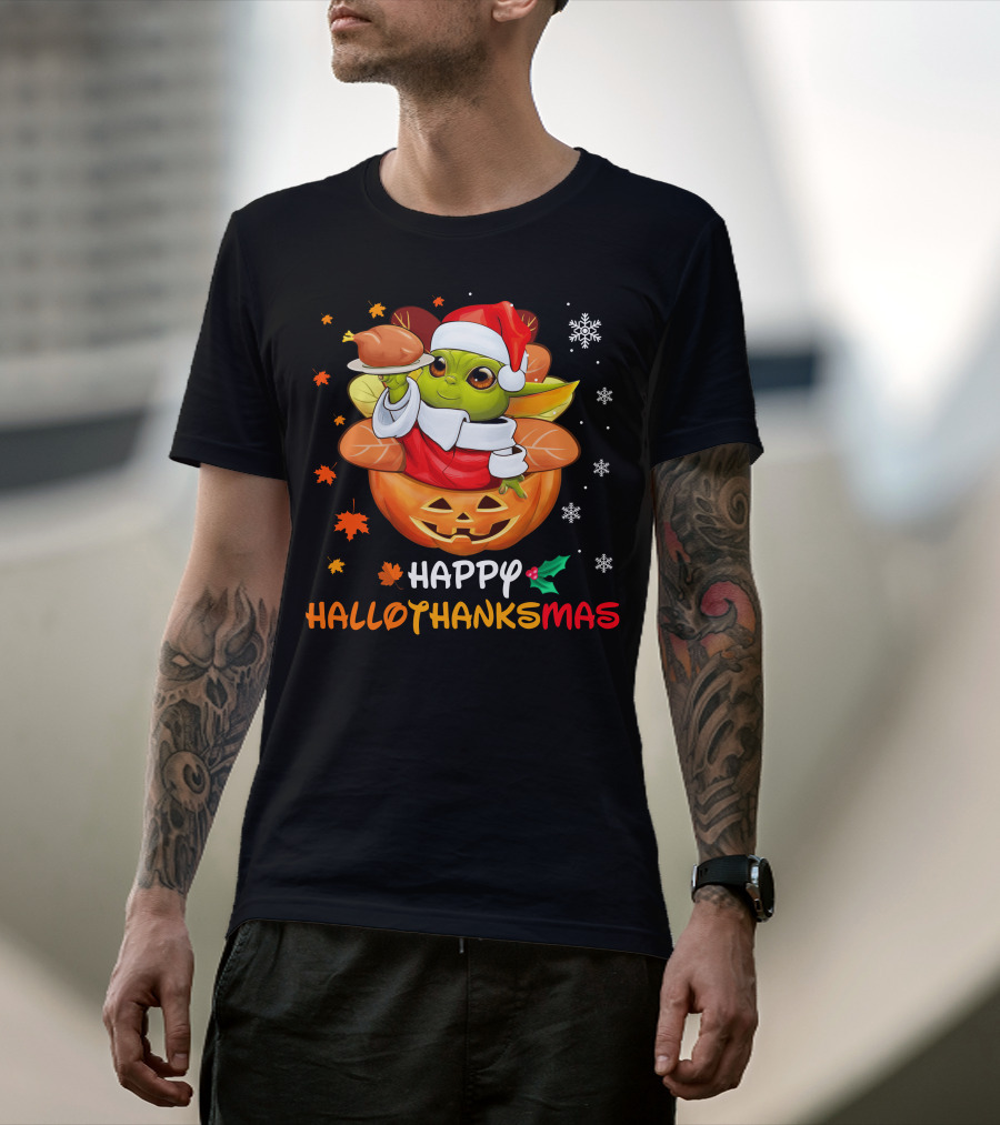 Happy Hallothanksmas Yd Santa Hat Pumpkin Turkey Snowflakes Leaves T-Shirt