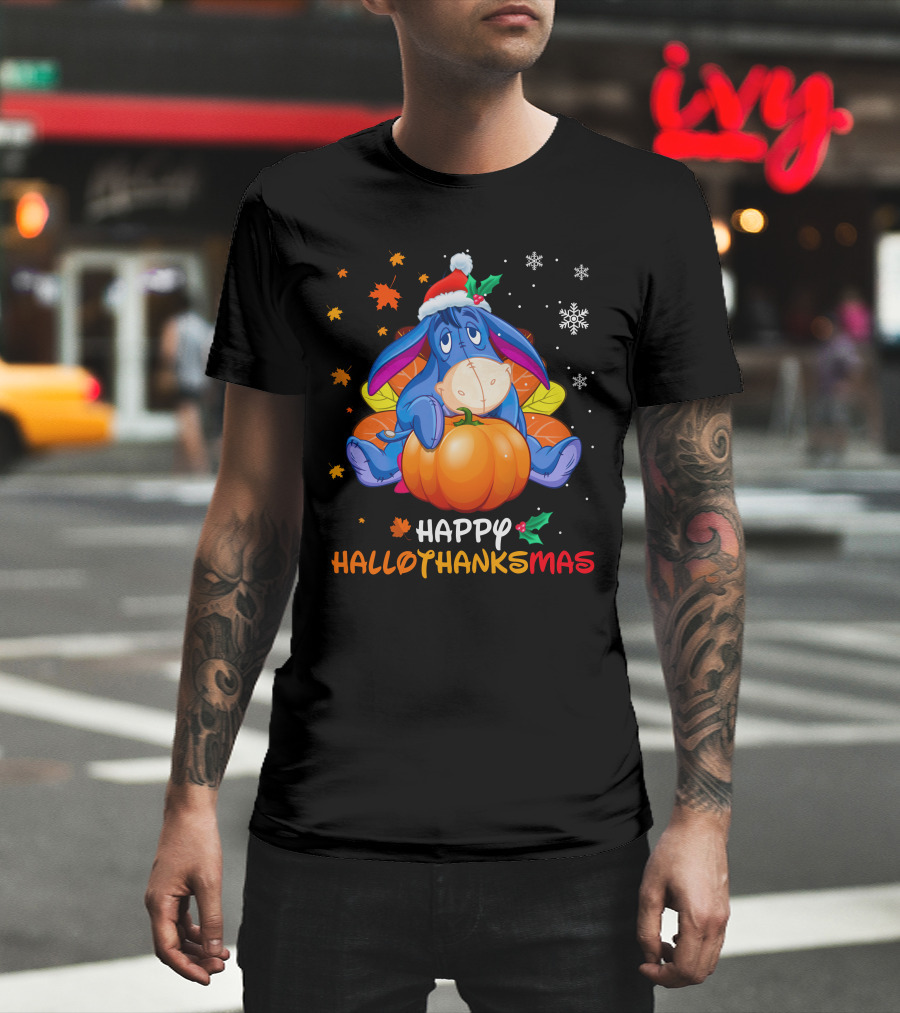 Happy Hallothanksmas Eeyore Pumpkin Santa Hat Snowflakes T-Shirt