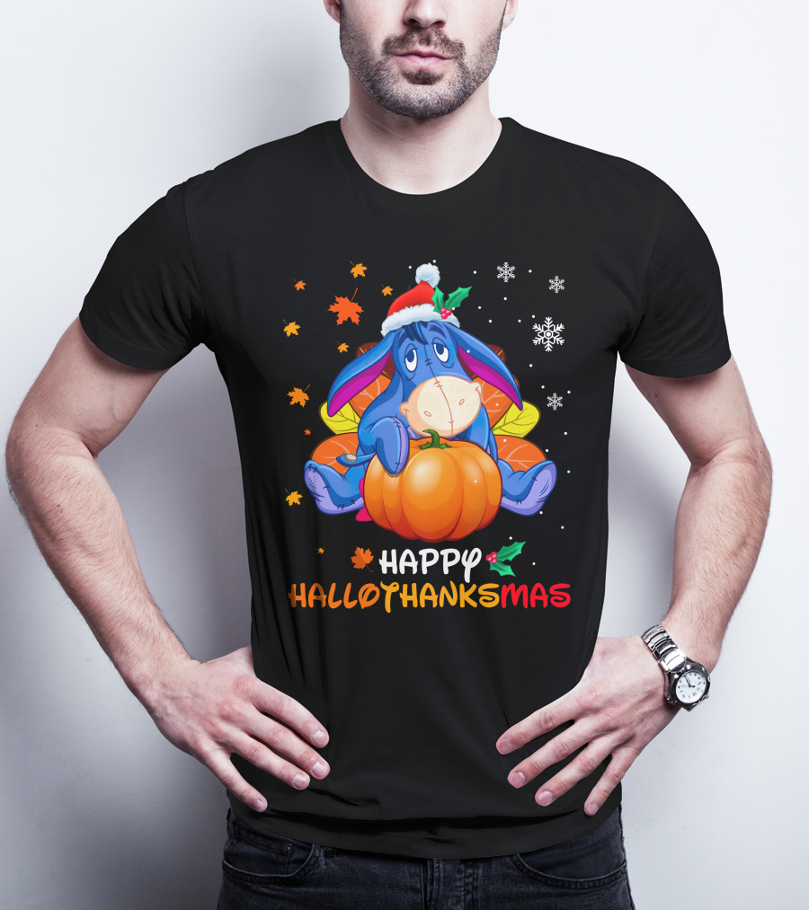 Happy Hallothanksmas Eeyore Pumpkin Santa Hat Snowflakes T-Shirt