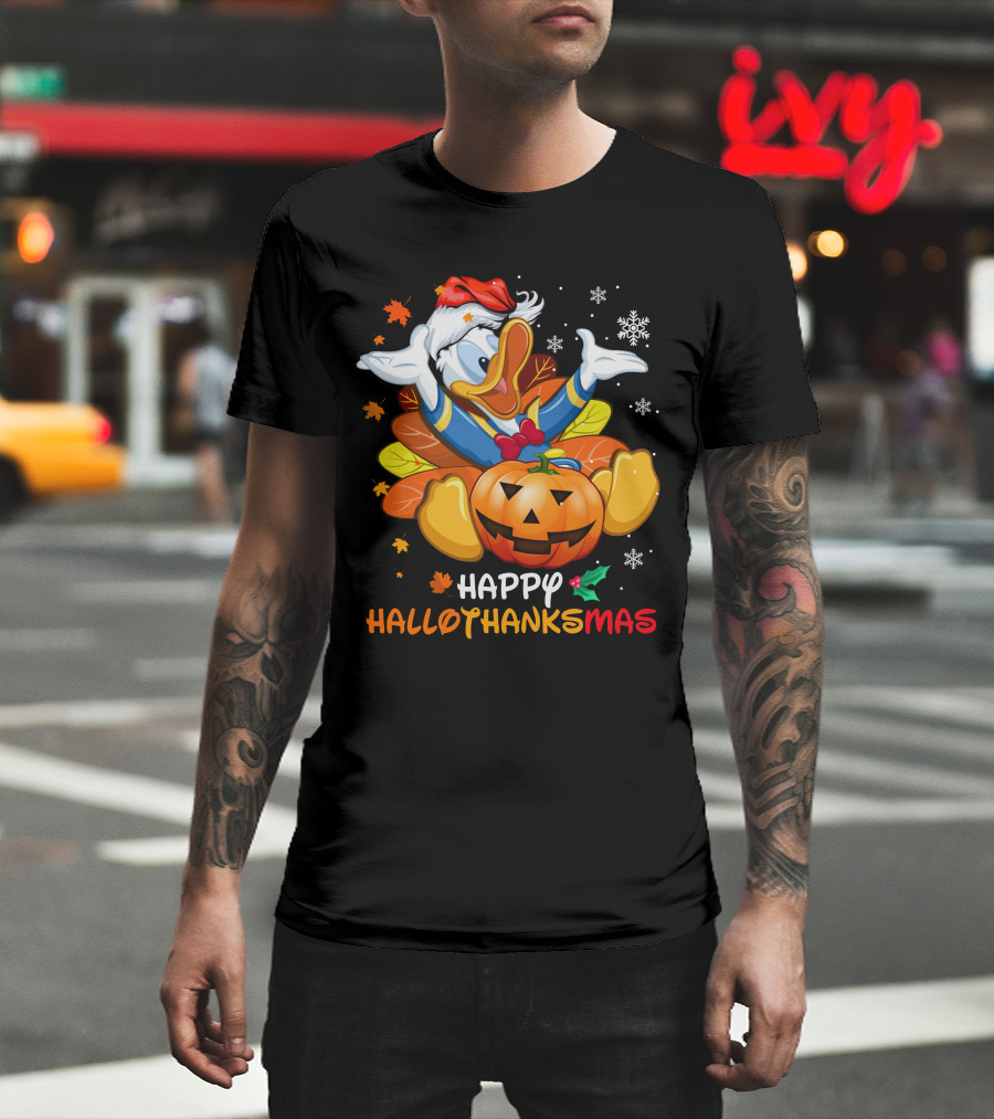 Happy Hallothanksmas Donald Duck Pumpkin Santa Hat Leaves Snowflakes T-Shirt