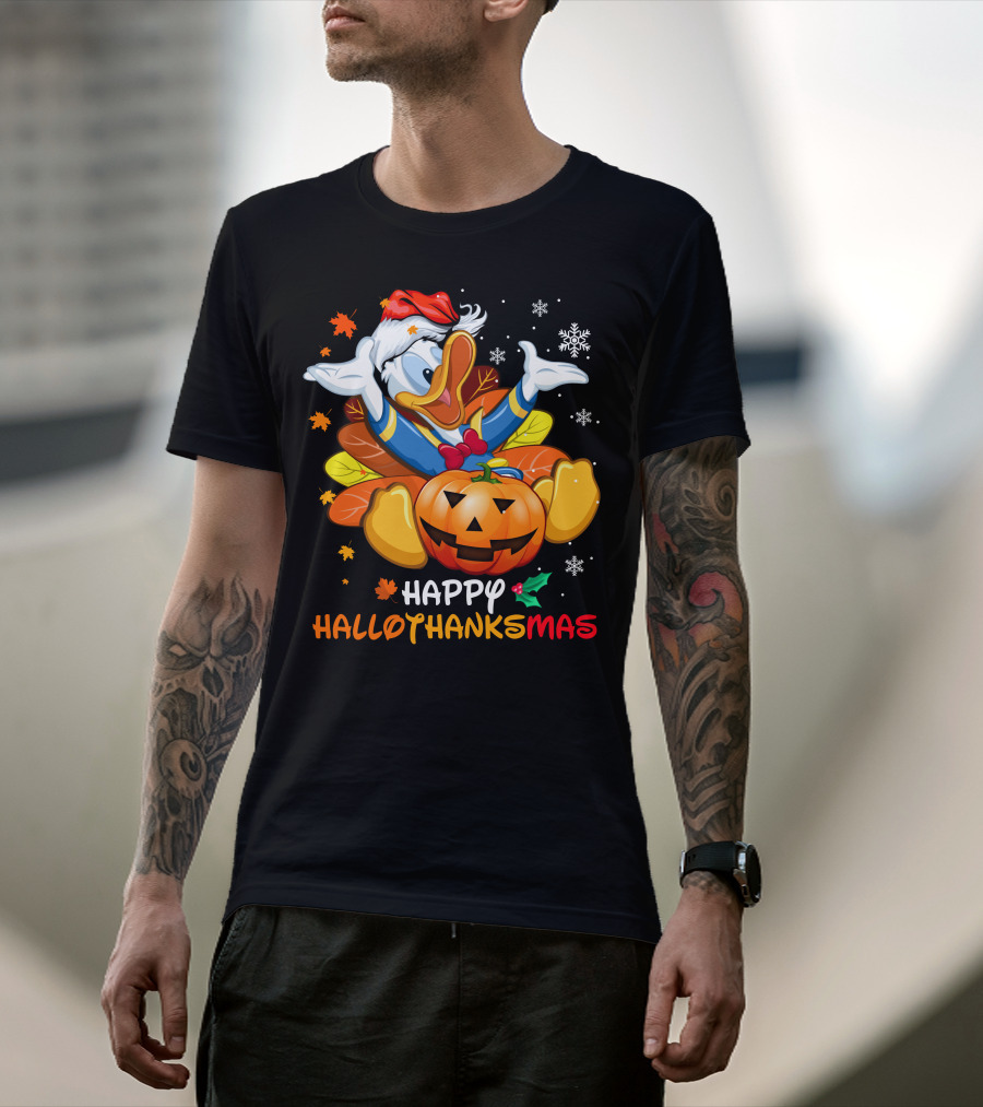 Happy Hallothanksmas Donald Duck Pumpkin Santa Hat Leaves Snowflakes T-Shirt