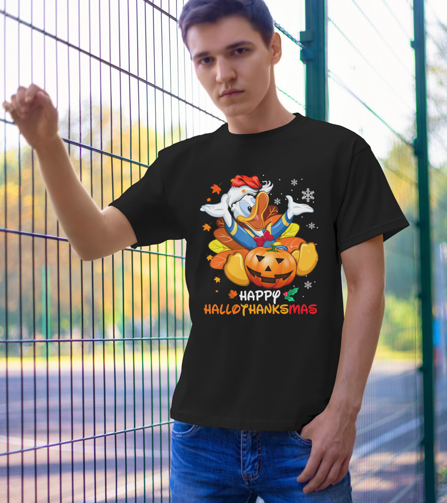Happy Hallothanksmas Donald Duck Pumpkin Santa Hat Leaves Snowflakes T-Shirt