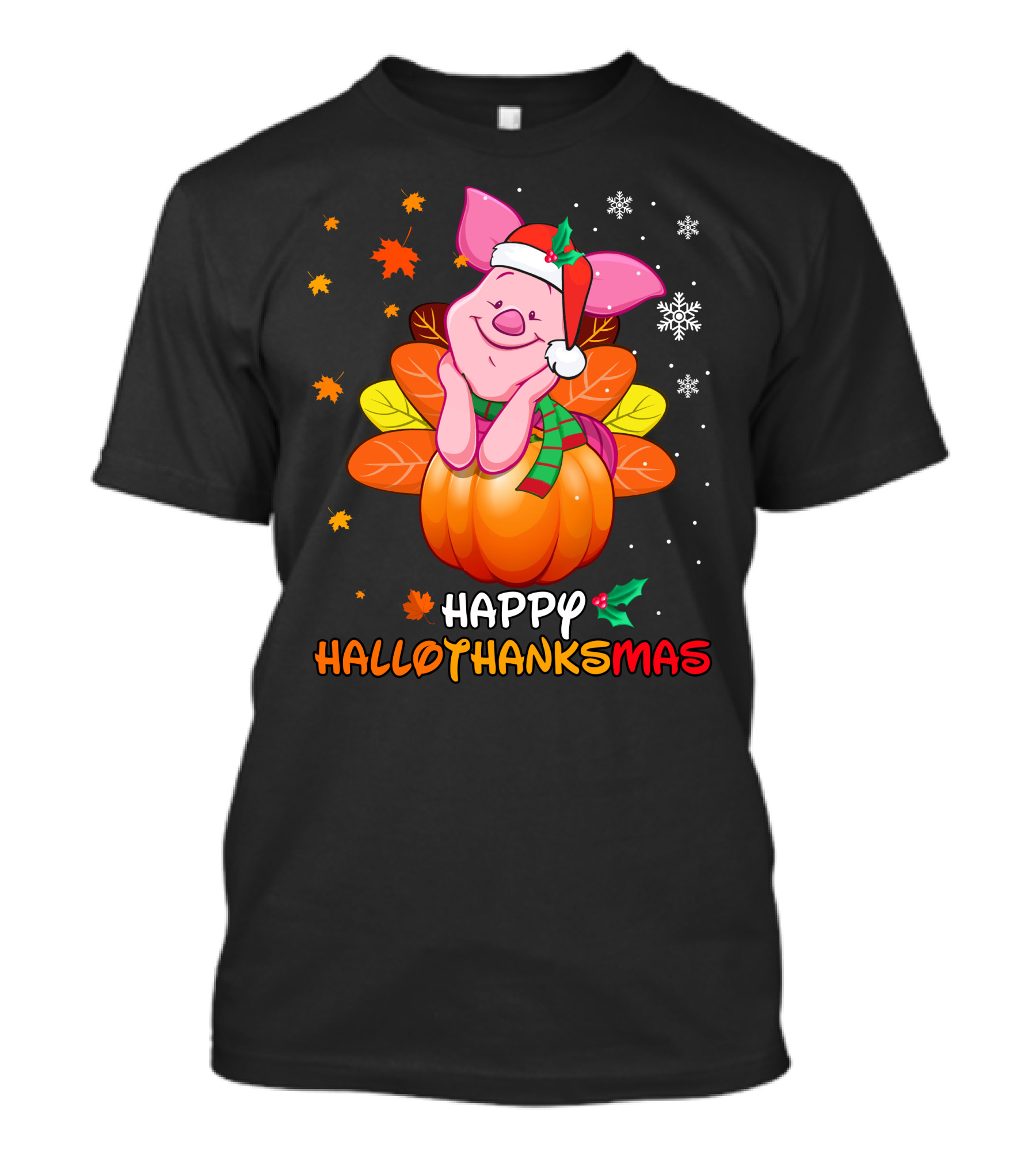 Happy Hallothanksmas Piglet In Pumpkin With Santa Hat And Scarf T-Shirt