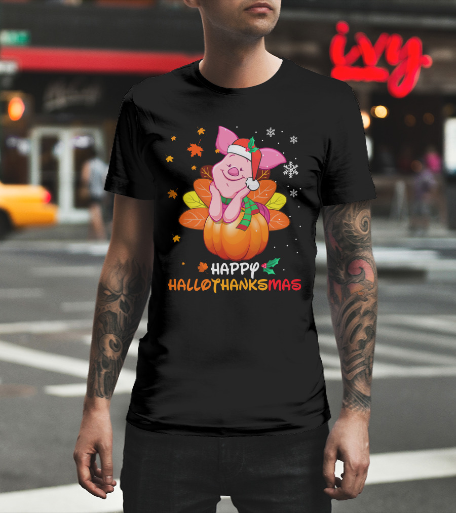 Happy Hallothanksmas Piglet In Pumpkin With Santa Hat And Scarf T-Shirt