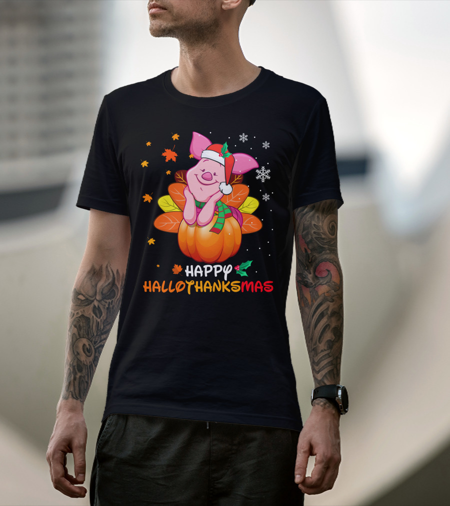 Happy Hallothanksmas Piglet In Pumpkin With Santa Hat And Scarf T-Shirt