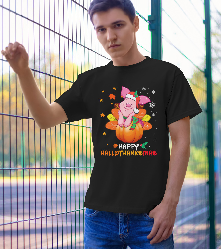 Happy Hallothanksmas Piglet In Pumpkin With Santa Hat And Scarf T-Shirt