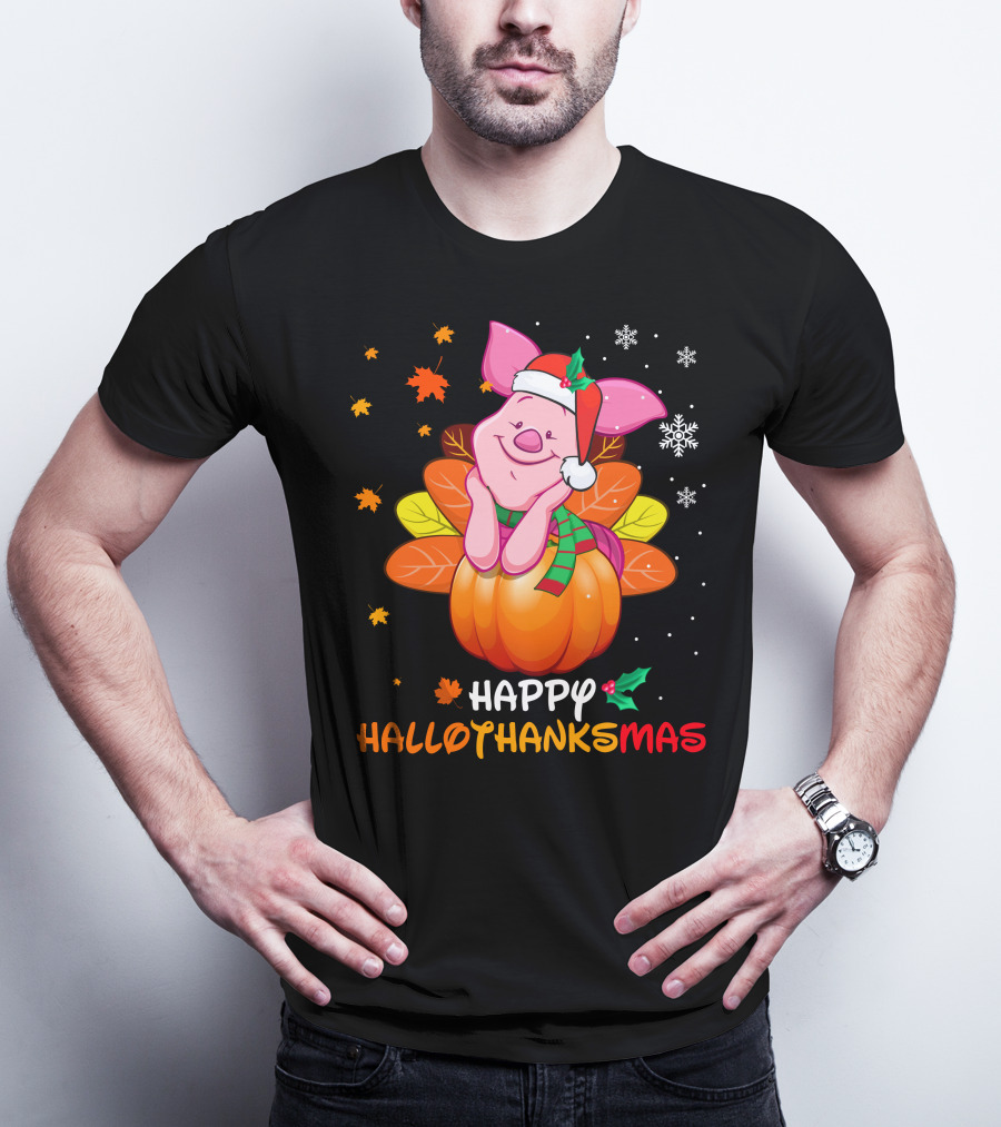 Happy Hallothanksmas Piglet In Pumpkin With Santa Hat And Scarf T-Shirt