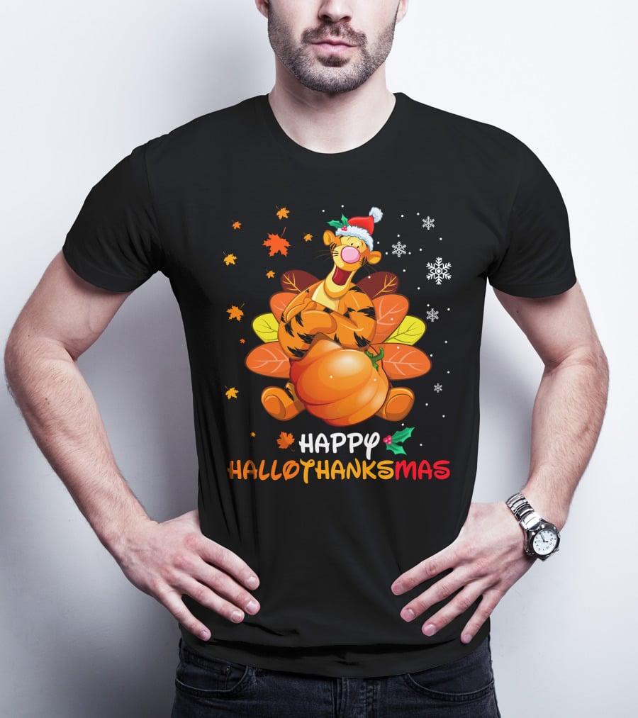 Happy Hallothanksmas Tg Tiger With Pumpkin Santa Hat And Turkey Feathers Snowflakes And Autumn Leaves T-Shirt