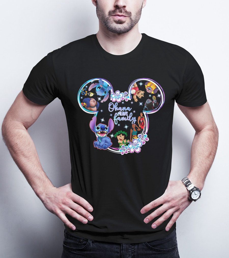Ohana Means Family Stitch Mickey Ears Disney Characters Floral T-Shirt